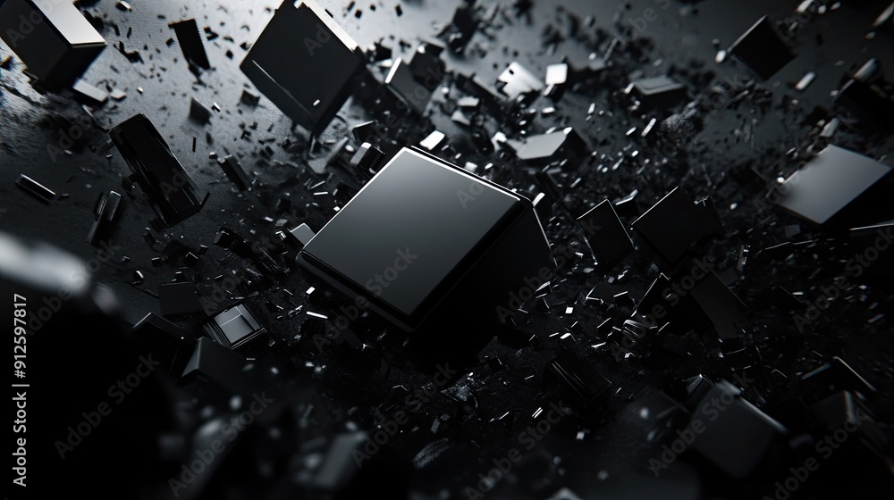 Abstract 3D black background with fragmented forms and dynamic lighting ...