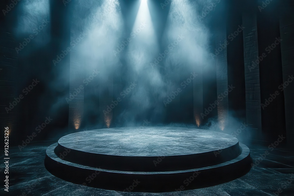 minimalist stone stage emerging from inky darkness enveloped in ...