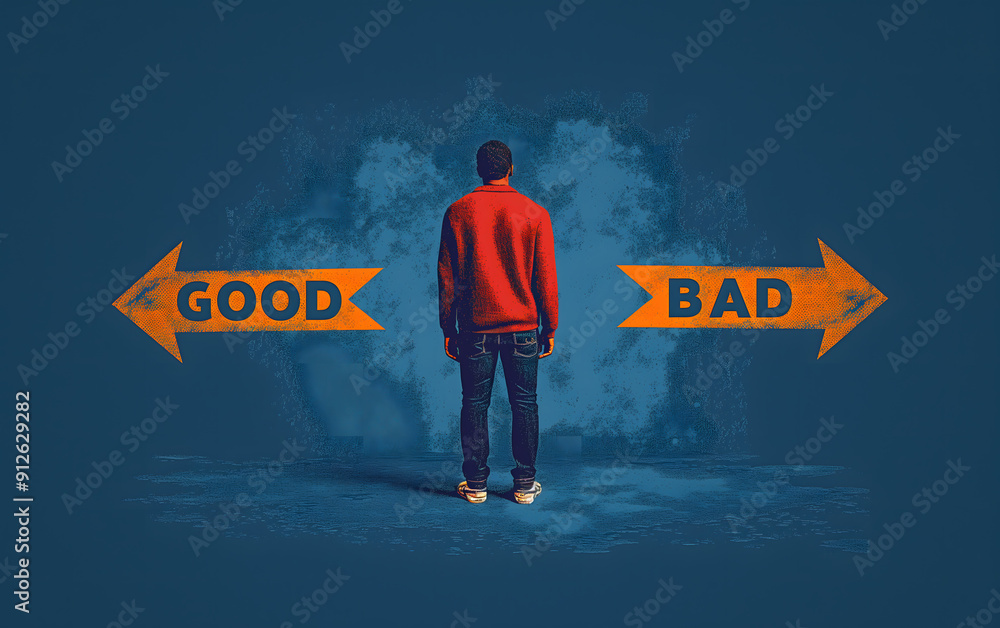 An illustration of a man standing with arrows pointing to the words ...