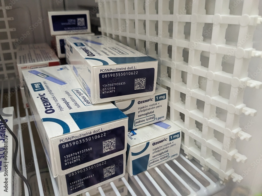 Prague,Czech Republic-August 10 2024: OZEMPIC box of medication with SEMAGLUTIDE active ...