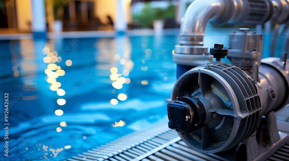 Pump circulating water in a residential swimming pool, backyard setting ...