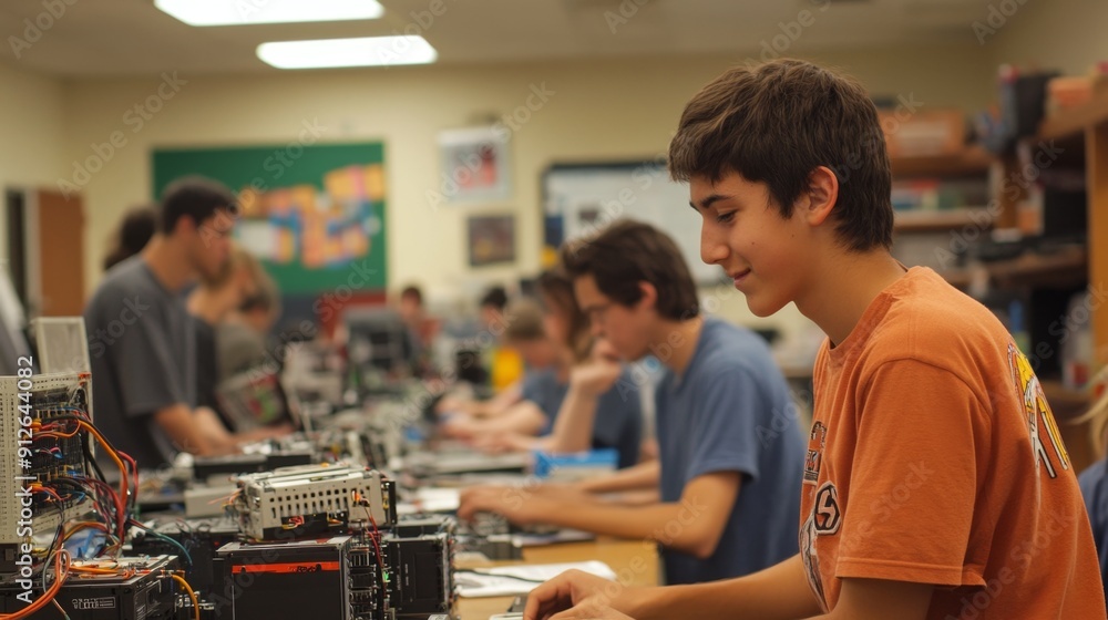 High school robotics club meeting, students from diverse backgrounds ...