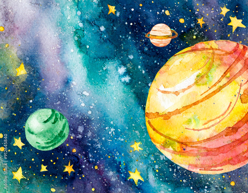 Watercolor illustration of space background with planets, stars, galaxy ...