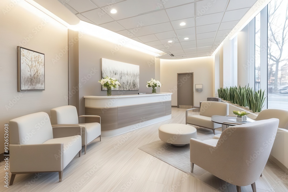 serene hospital waiting area with modern reception desk soft calming ...