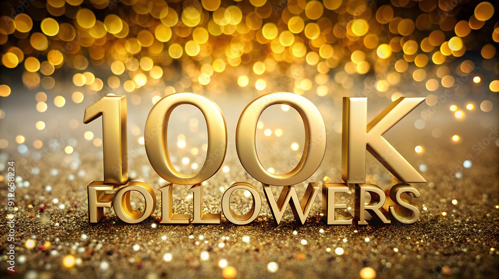 100k followers gold text with balloons and stars on blurred glitter ...