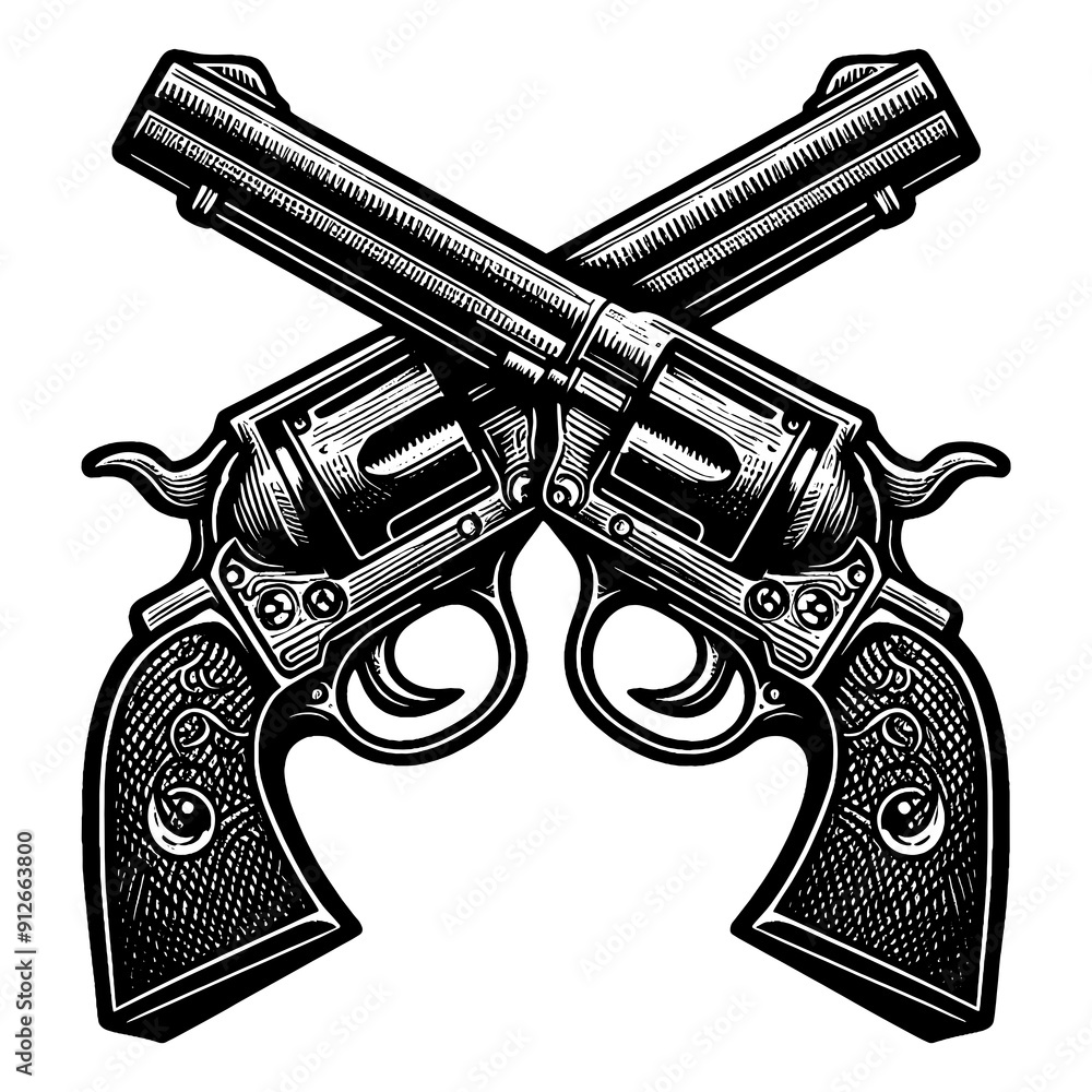 crossed vintage revolvers, rendered in high detail, symbolizing the old ...