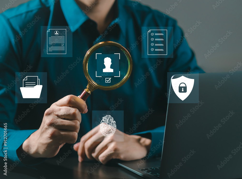 (KYC) Businessman holding magnifying glass and identity verification ...