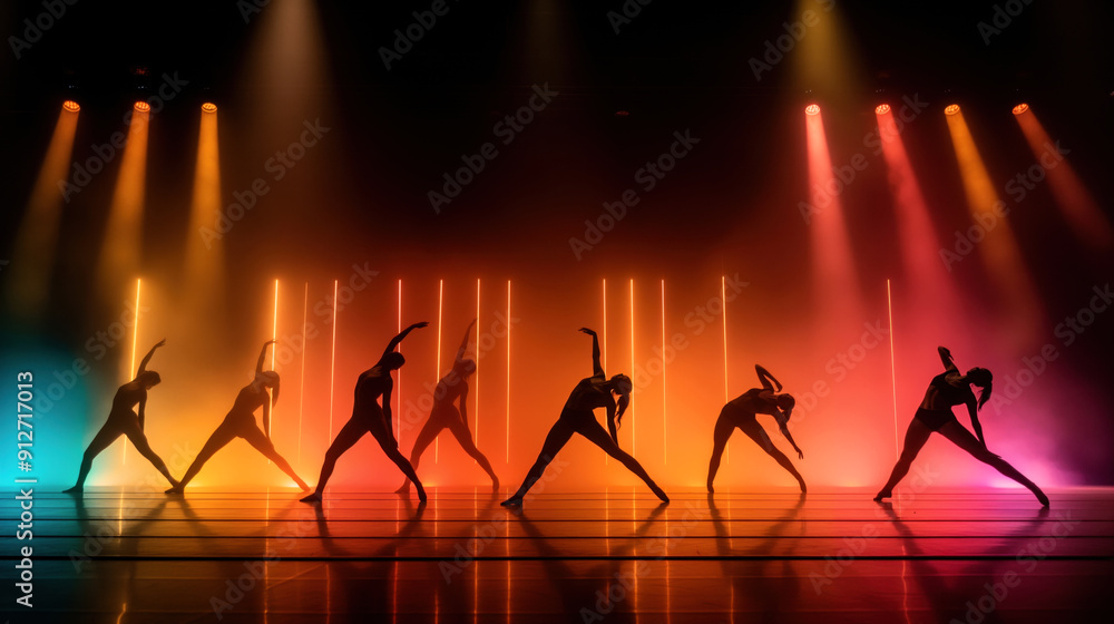 Group of dancers performing on stage with colorful background lighting ...