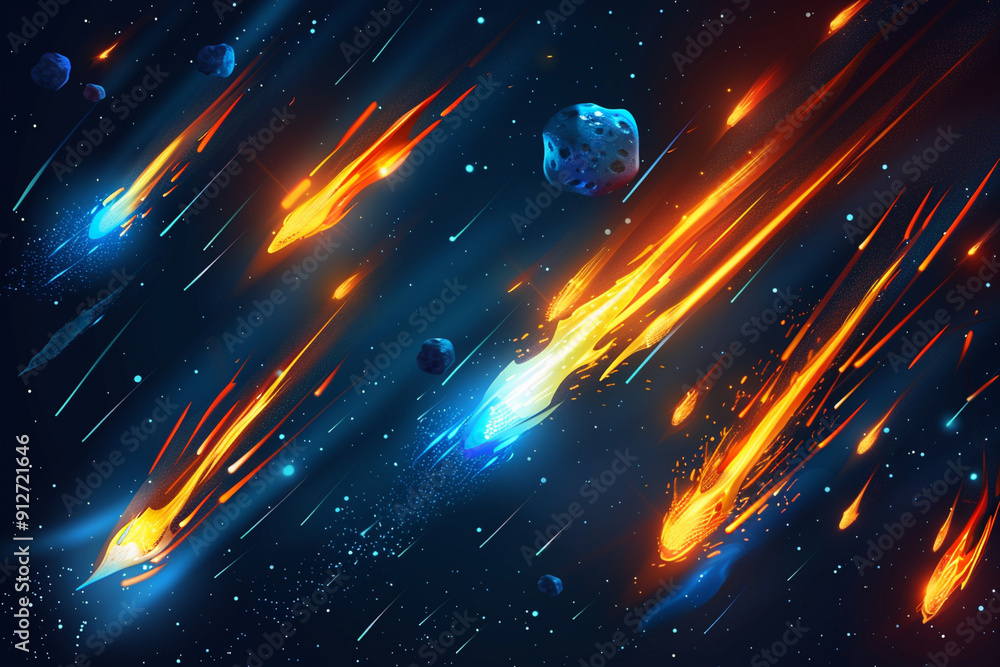 Falling comets asteroids or meteors with blue flame trail in cosmos ...