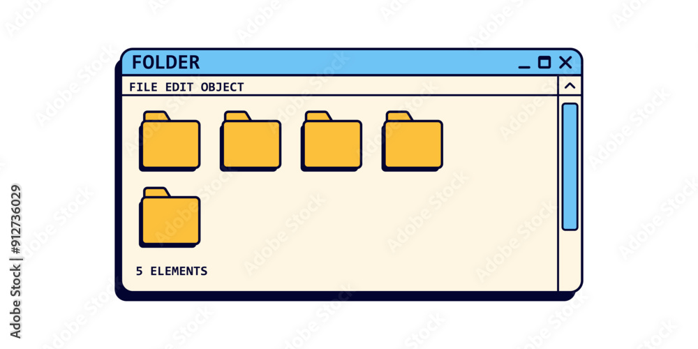 Retro file system program in blue colors. Set of folders in old style ...