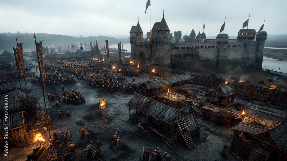 Medieval battle scene with a large army laying siege to a castle ...