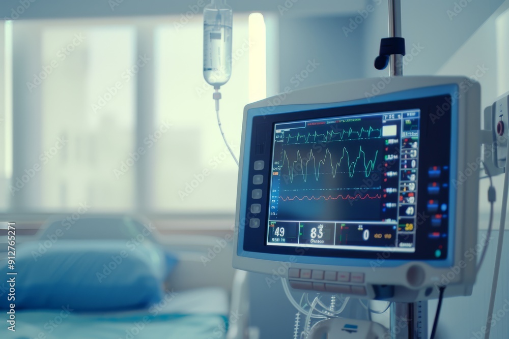 A medical monitor in a bright hospital room displays vital signs ...