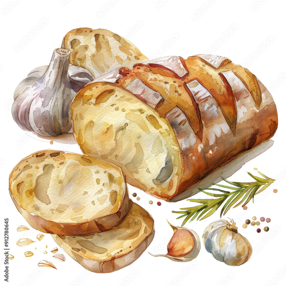 A garlic bread clipart, bakery element, watercolor illustration, pastel ...