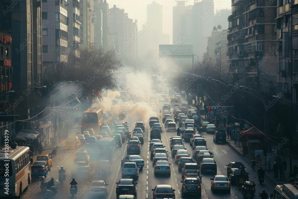 Foto A bustling city street during rush hour, filled with cars, buses ...