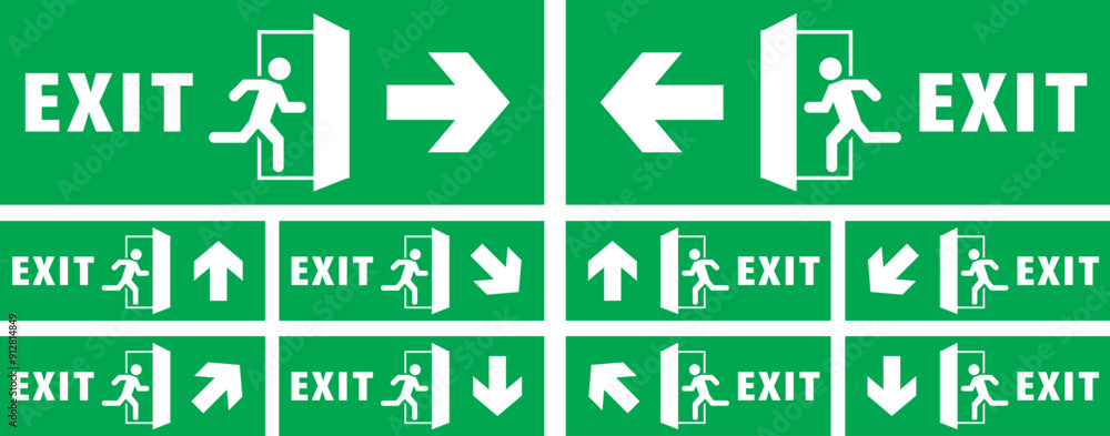 Emergency exit sign set, running man icon to door, warning sign plate ...