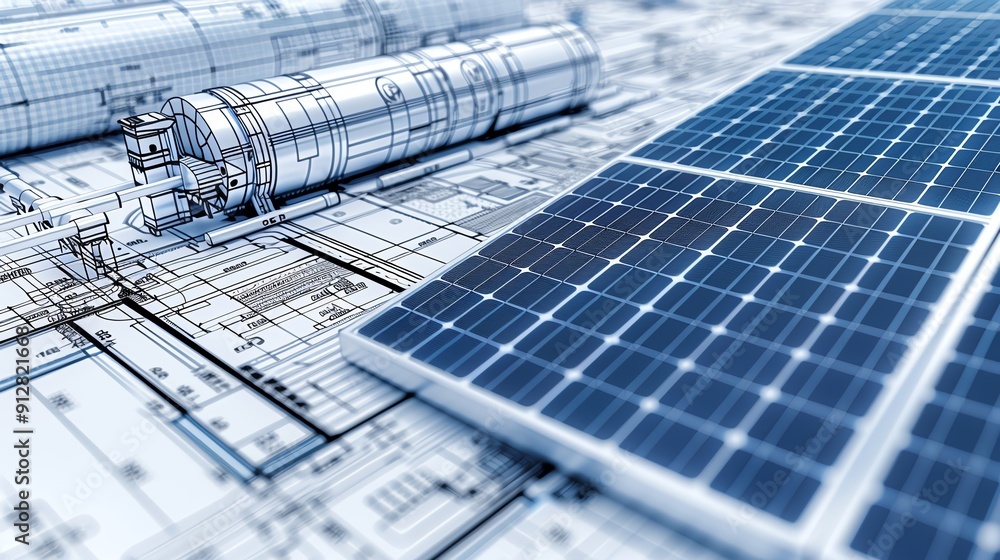 CAD drawing of a solar panel layout, renewable energy project Detailed ...