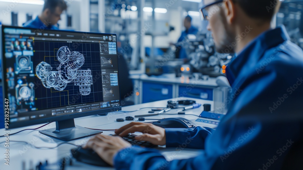 Engineer using CAD software to design mechanical parts, technical ...