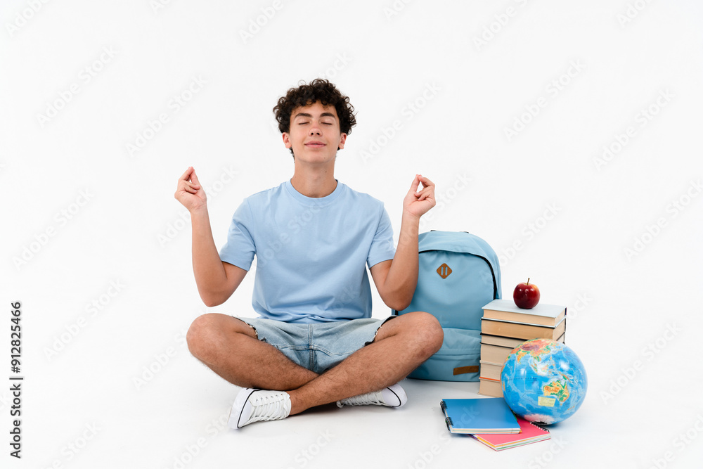 Calm peaceful boy guy high school male pupil student teenager sitting ...