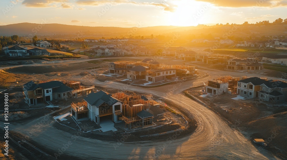 Aerial view of a housing development with multiple homes at different ...