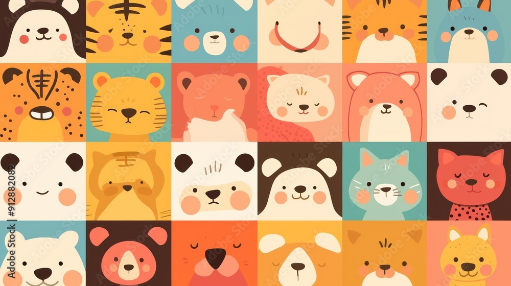 Cute animal face patterns with pastel color palette, simple shapes and ...