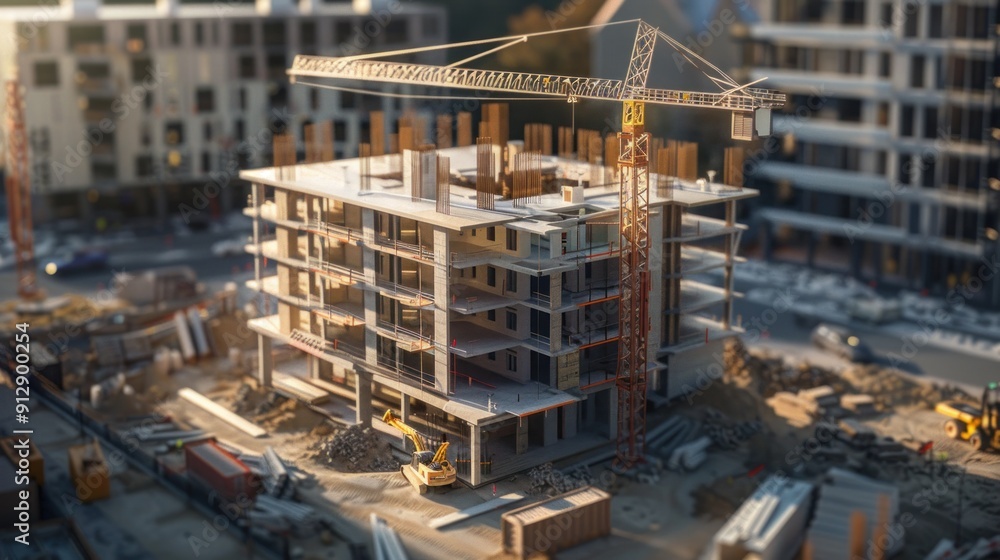 Generate a photo realistic image of a construction project featuring a detailed budget overview ...