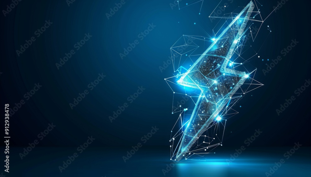 blue lightning bolt formed from a complex wireframe and low poly design ...