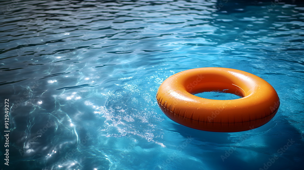 Colorful inflatable float floating on a blue swimming pool symbolizes ...