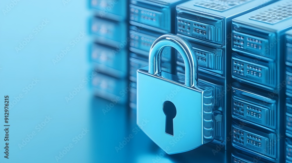 Cyber security concept with a padlock securing server racks. Data ...