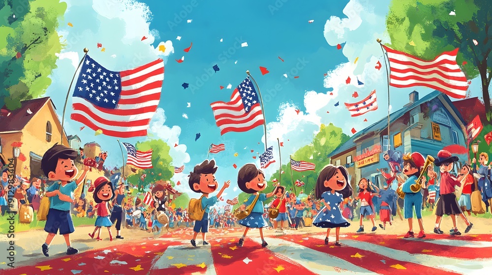 Cartoon characters enjoying a 4th of July parade with flags floats and ...