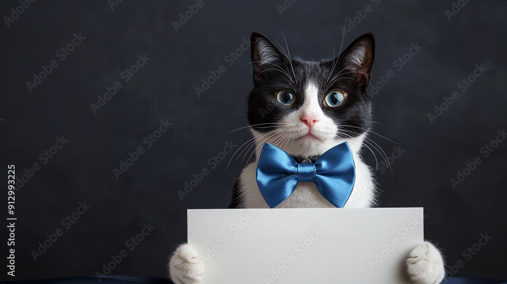 Tuxedo cat butler holding blank invitation card board frame isolated on ...