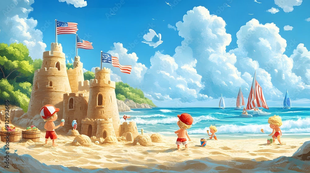 Cartoon characters enjoying a summer day on the beach for Independence ...