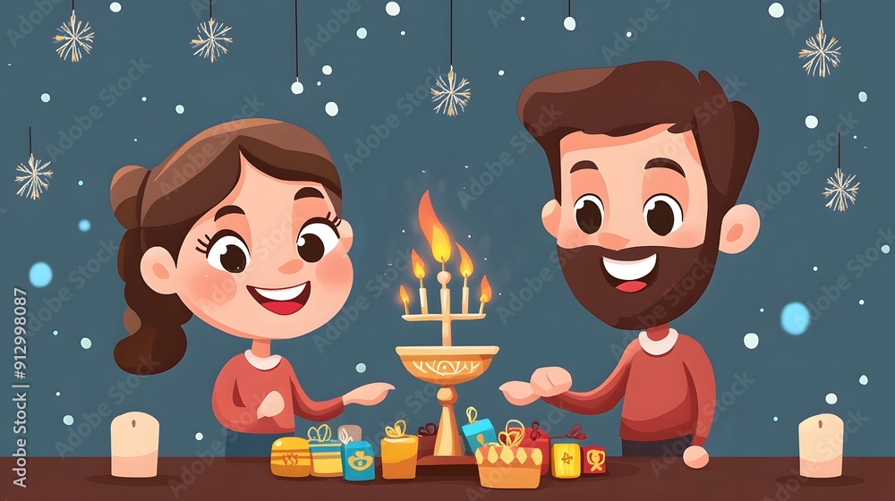 Cartoon family celebrating Hanukkah with a menorah dreidels and gelt ...