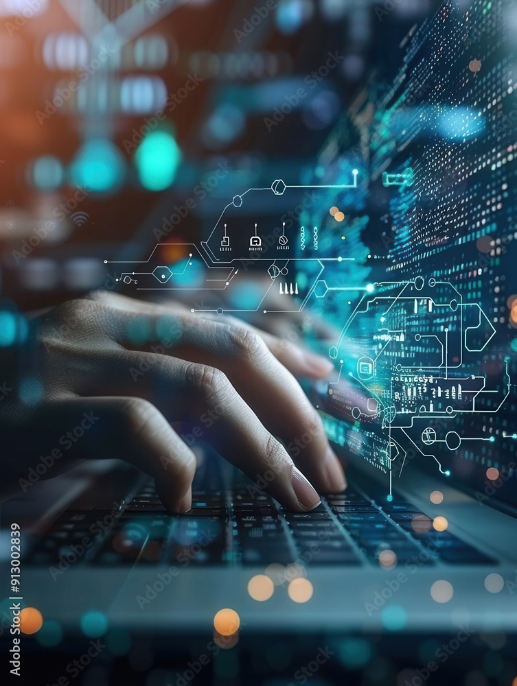 The close-up of a hand typing on a keyboard, AI software analyzing IT ...