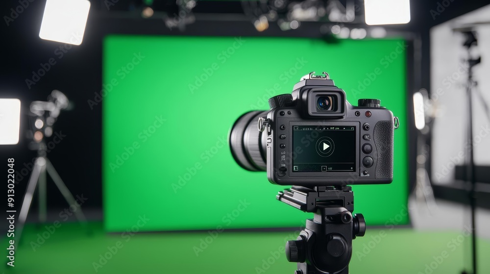 Neon-lit production studio featuring a professional video camera, green ...