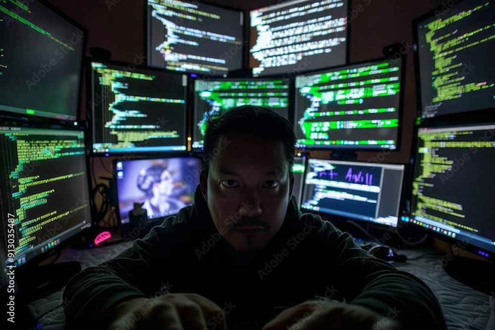 Hacker typing rapidly on a keyboard, technical skill and clandestine operations involved in ...