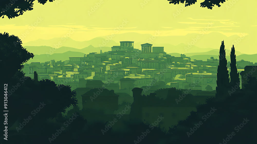 Sillhouette drawing of a striking, vibrant vista of an greco-roman ...