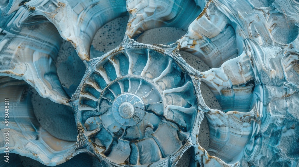 Nautilus shell in closeup, showcasing its intricate spiral pattern. The ...