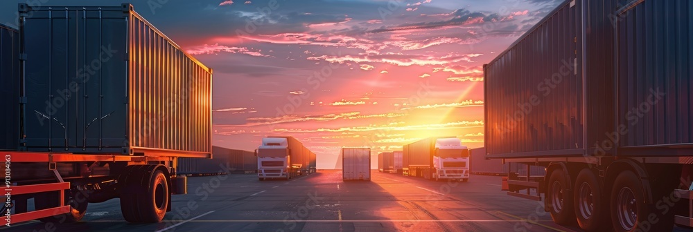 Cargo container trucks parked at a distribution warehouse with the ...