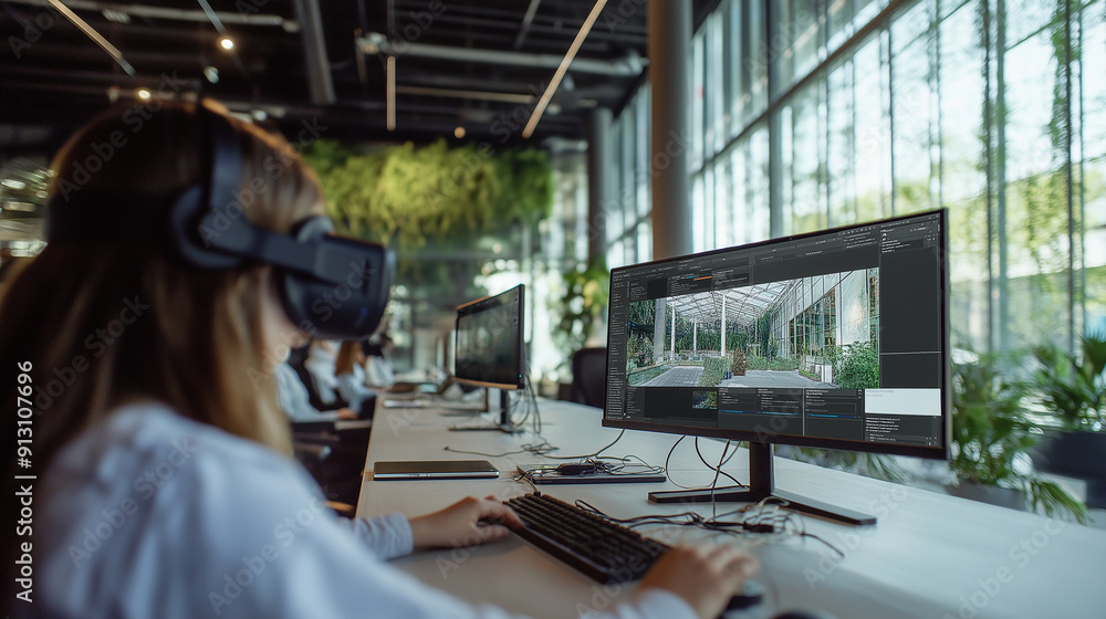 Ilustración de Stock Virtual reality setup with architects and engineers immersed in a 3D BIM ...