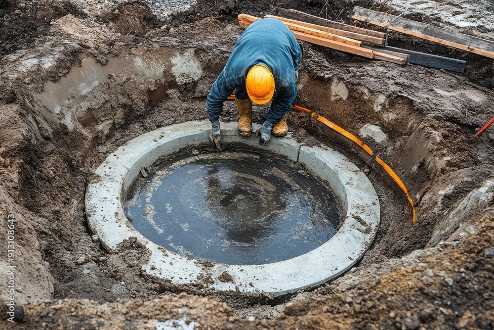 A worker installs a sewer manhole on a septic tank made of concrete ...