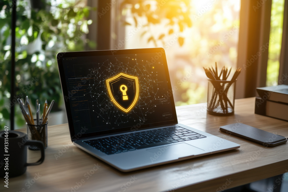Laptop is sitting on a desk and showing a keyhole shield icon on the ...