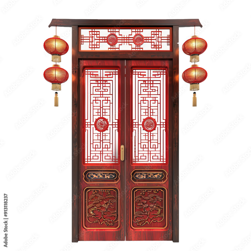 Traditional chinese wooden door with red paper lanterns, commonly seen ...