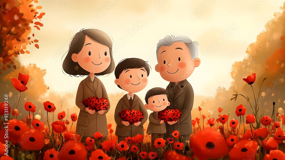 Cartoon family celebrating Armistice Day with poppies wreaths and a ...