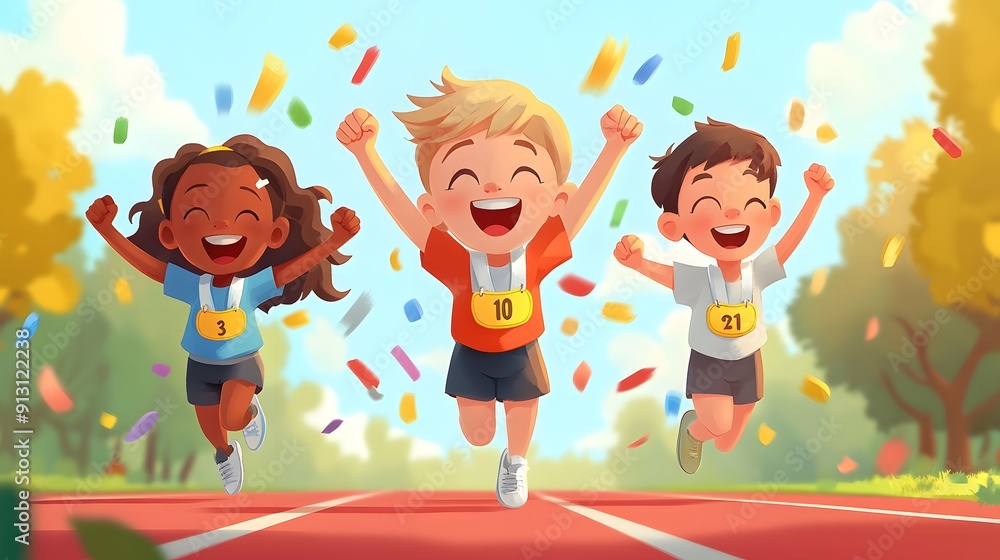 Cartoon kids participating in a school sports day with races medals and ...