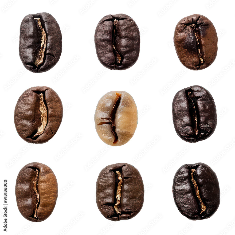 Nine coffee beans isolated on white background showing different ...