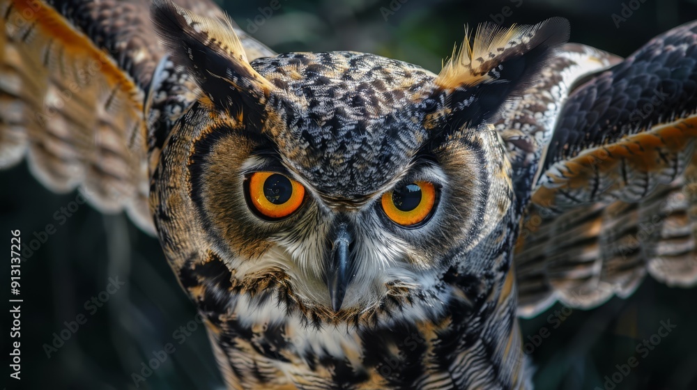orange eyes peek out from the head; black body contrasts with intricate ...