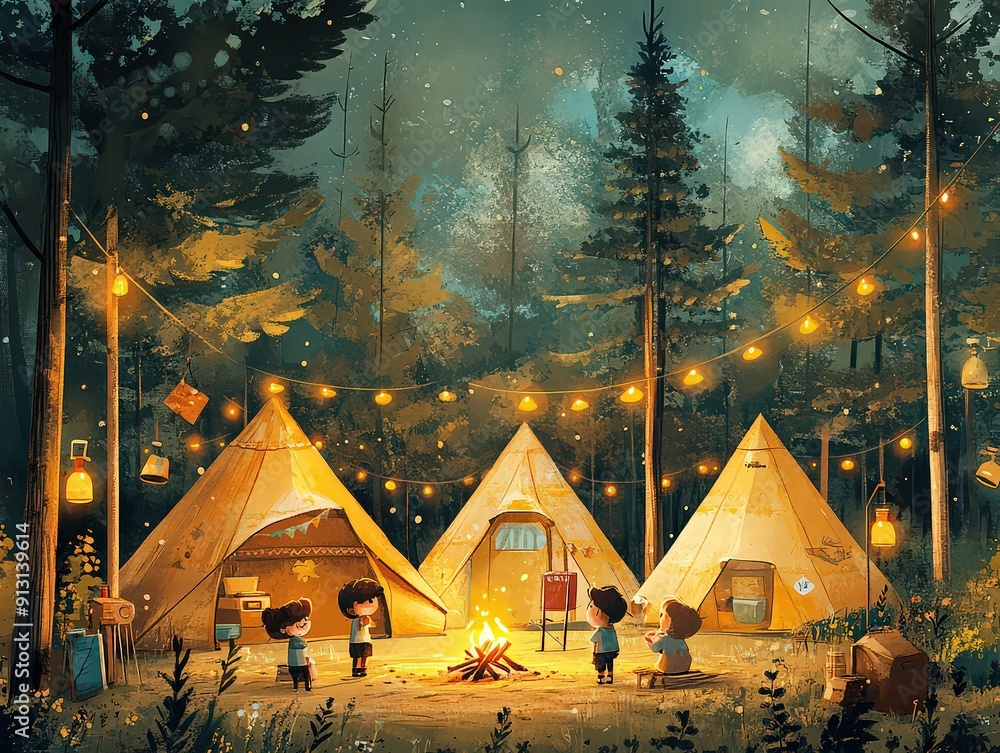 summer camp scene with cabins being closed up, campfires extinguished, and campers saying their ...