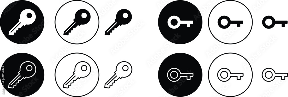 Key icon set. Key black flat and line vector collection isolated on ...