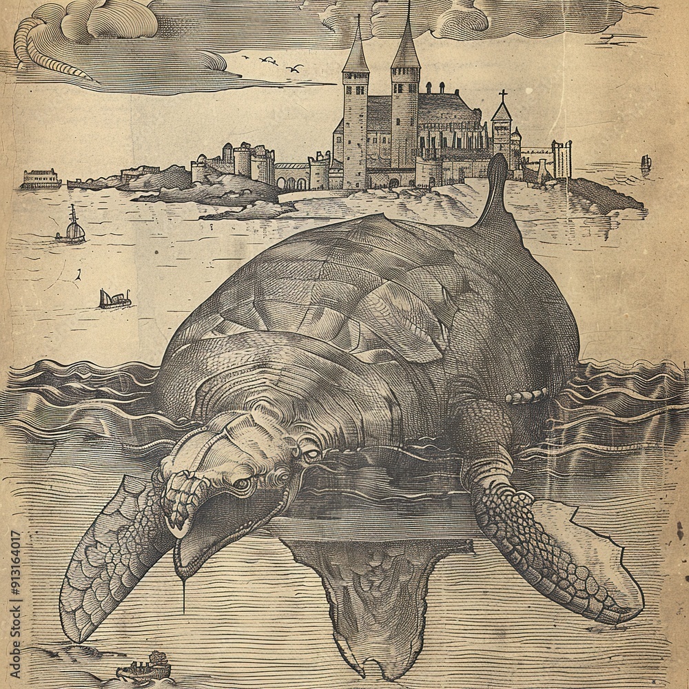 Aspidochelone: A giant sea creature from medieval bestiaries, often ...