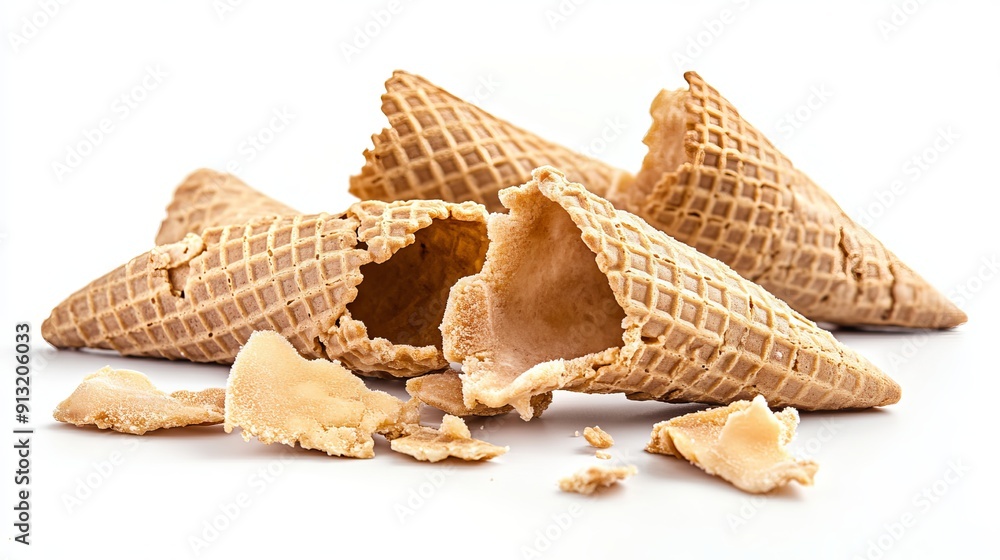 Isolated ice cream wafer cones with broken wafer cones at various ...